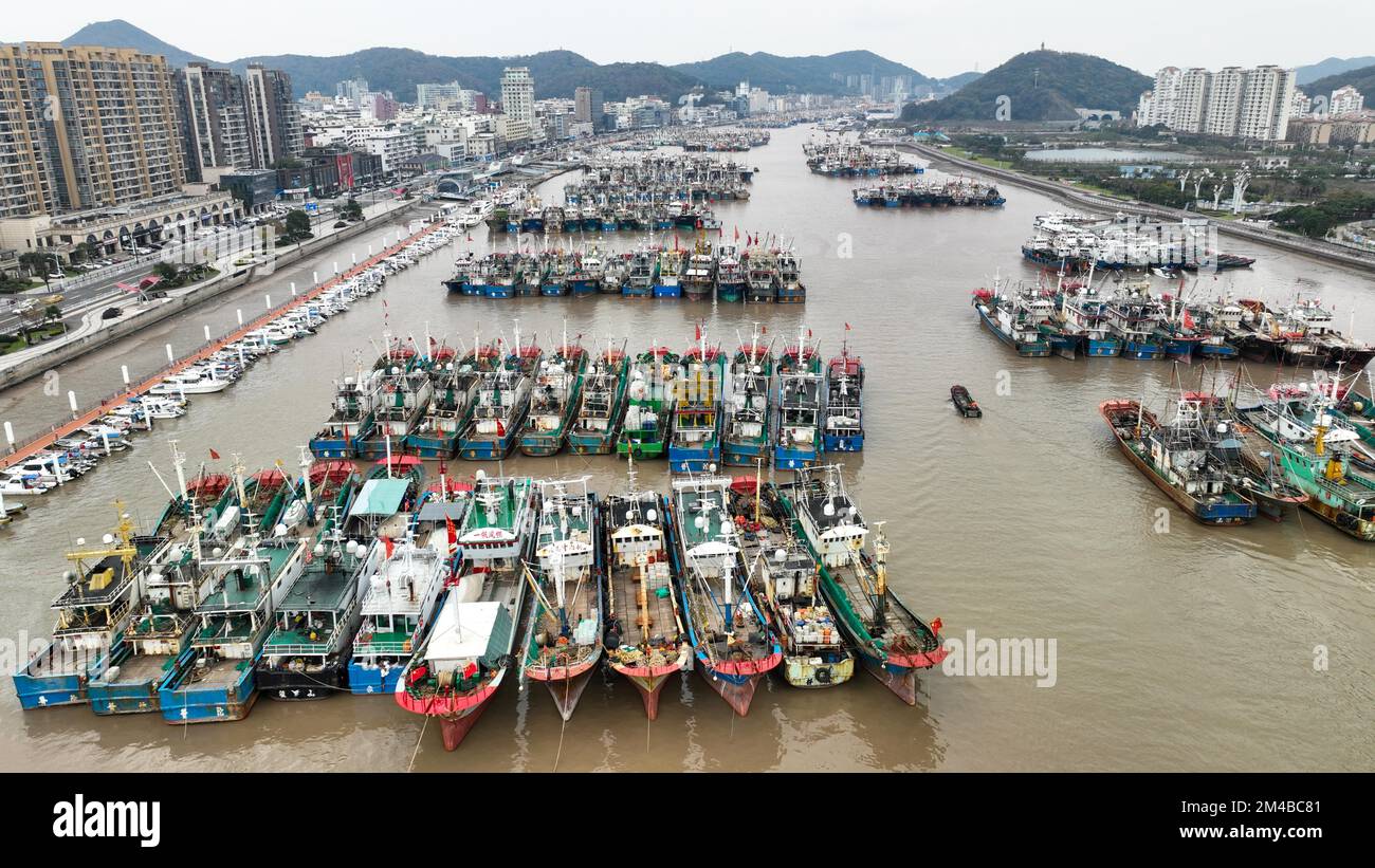 Aerial photo shows fishing boats returning to the harbor to avoid cold ...