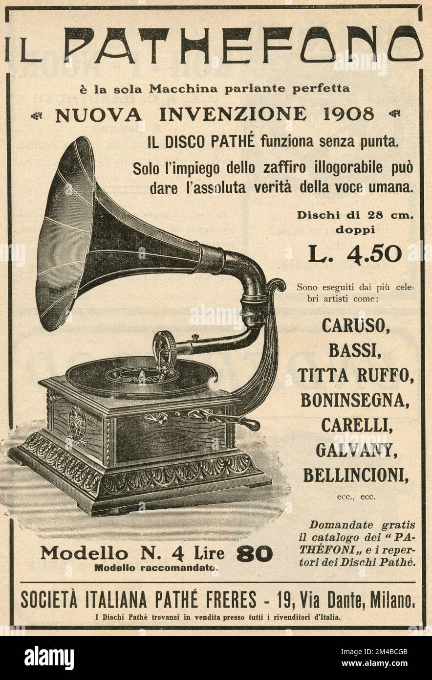 Vintage newspaper ad of Pathefono gramophone, Italy 1910s Stock Photo ...