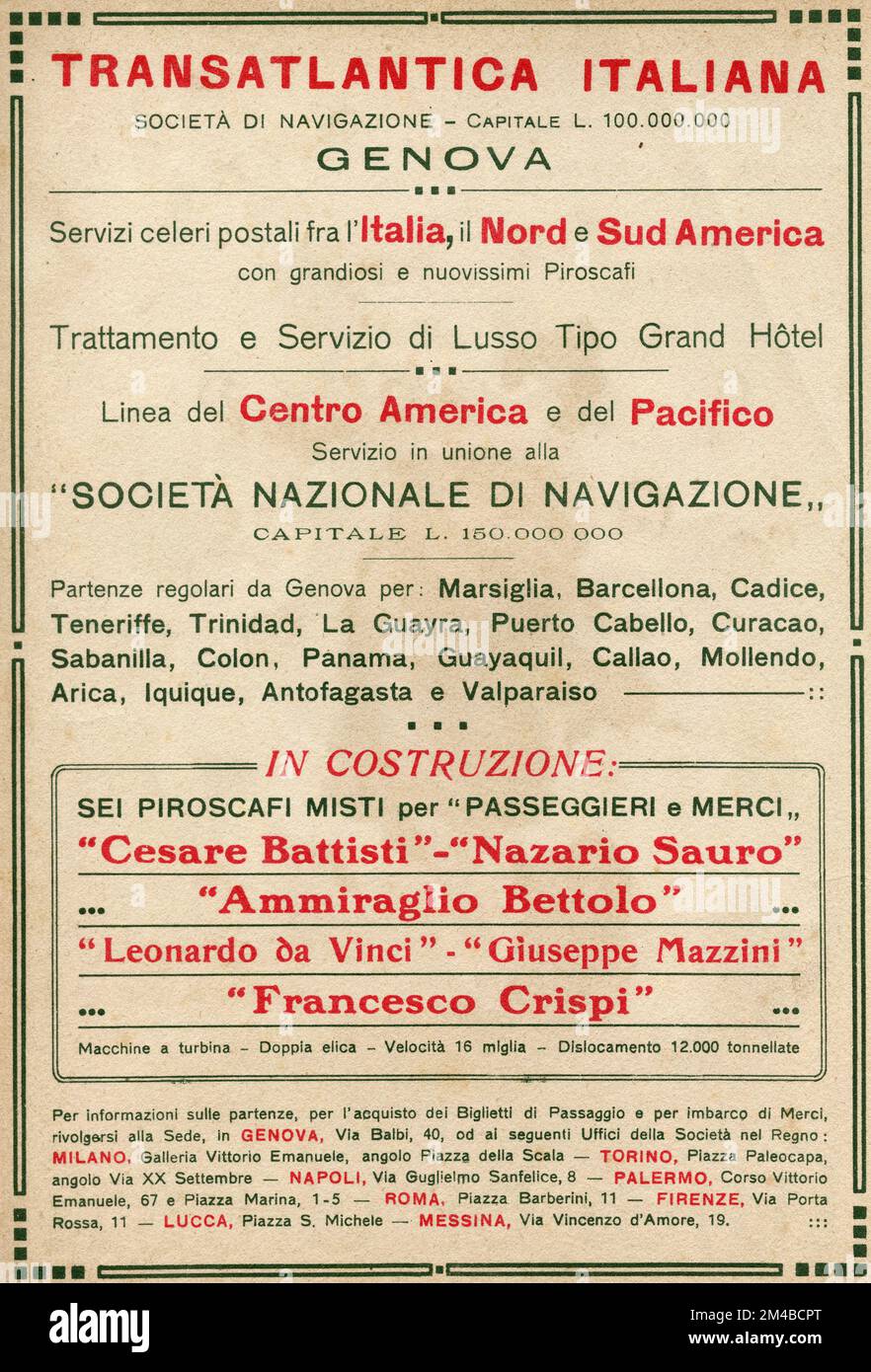 Vintage newspaper ad of Transatlantica Italiana shipping cruise, Italy ...