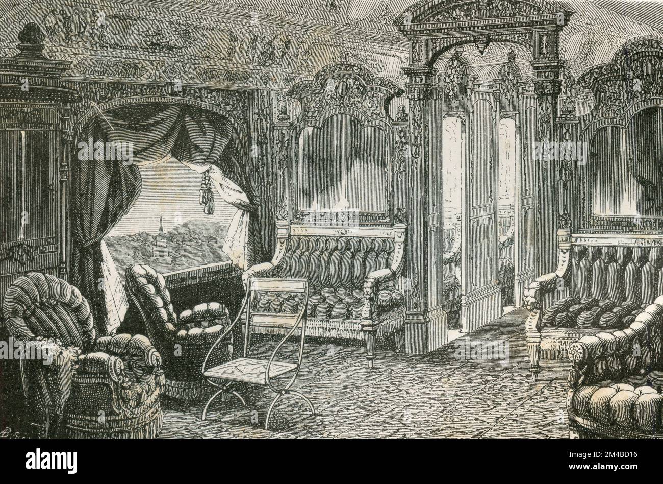 Pullman-car wagon-salon of a rail transport, USA, illustration 1871 ...