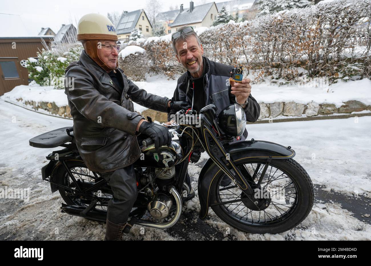20 December 2022, Saxony, Seiffen: Motorcycle collector Reiner Mattheß ...