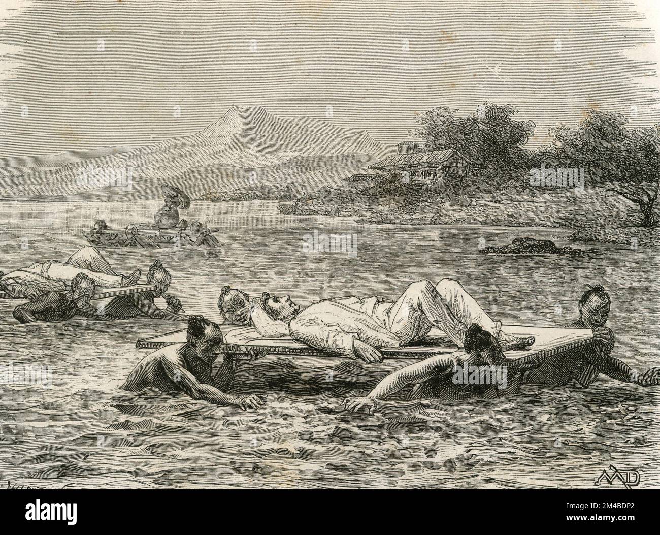 Passing the Sakawa river at Odawara, Japan, illustration 1871 Stock ...