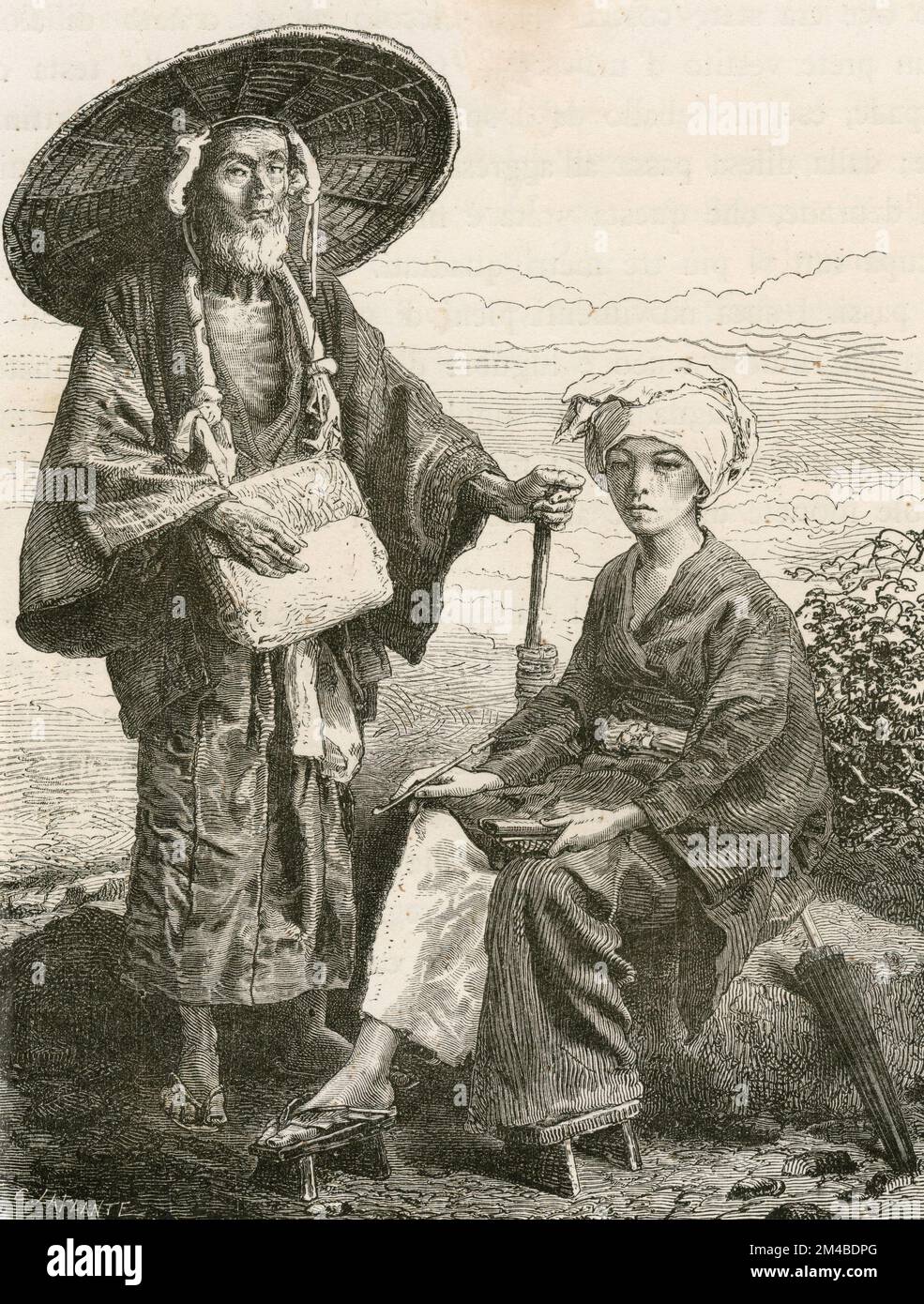 Pilgrims traveling to Fujiyama mountain, Japan, illustration 1871 Stock ...