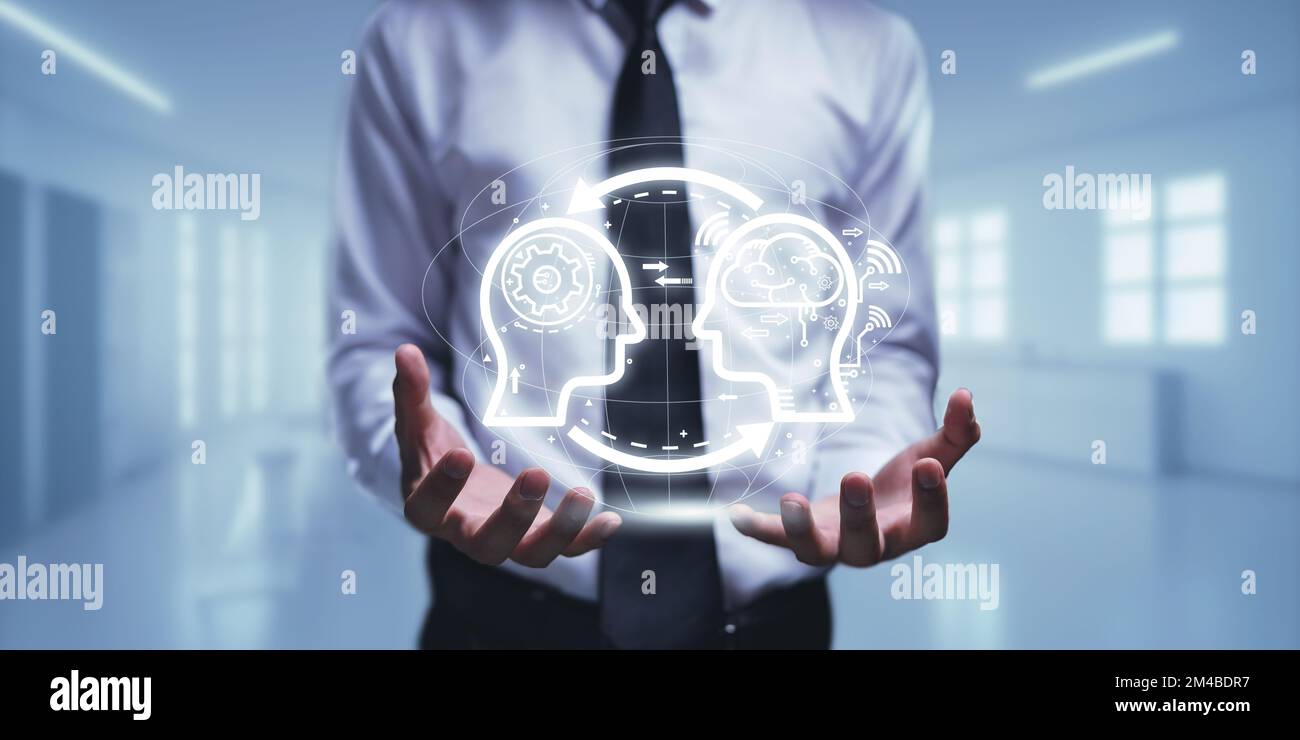 a Control, work, command with Artificial Intelligence AI droid robot ...