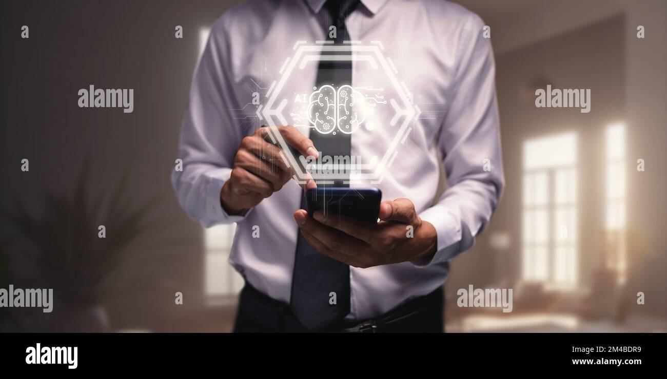 a Control, work, command with Artificial Intelligence AI droid robot ...