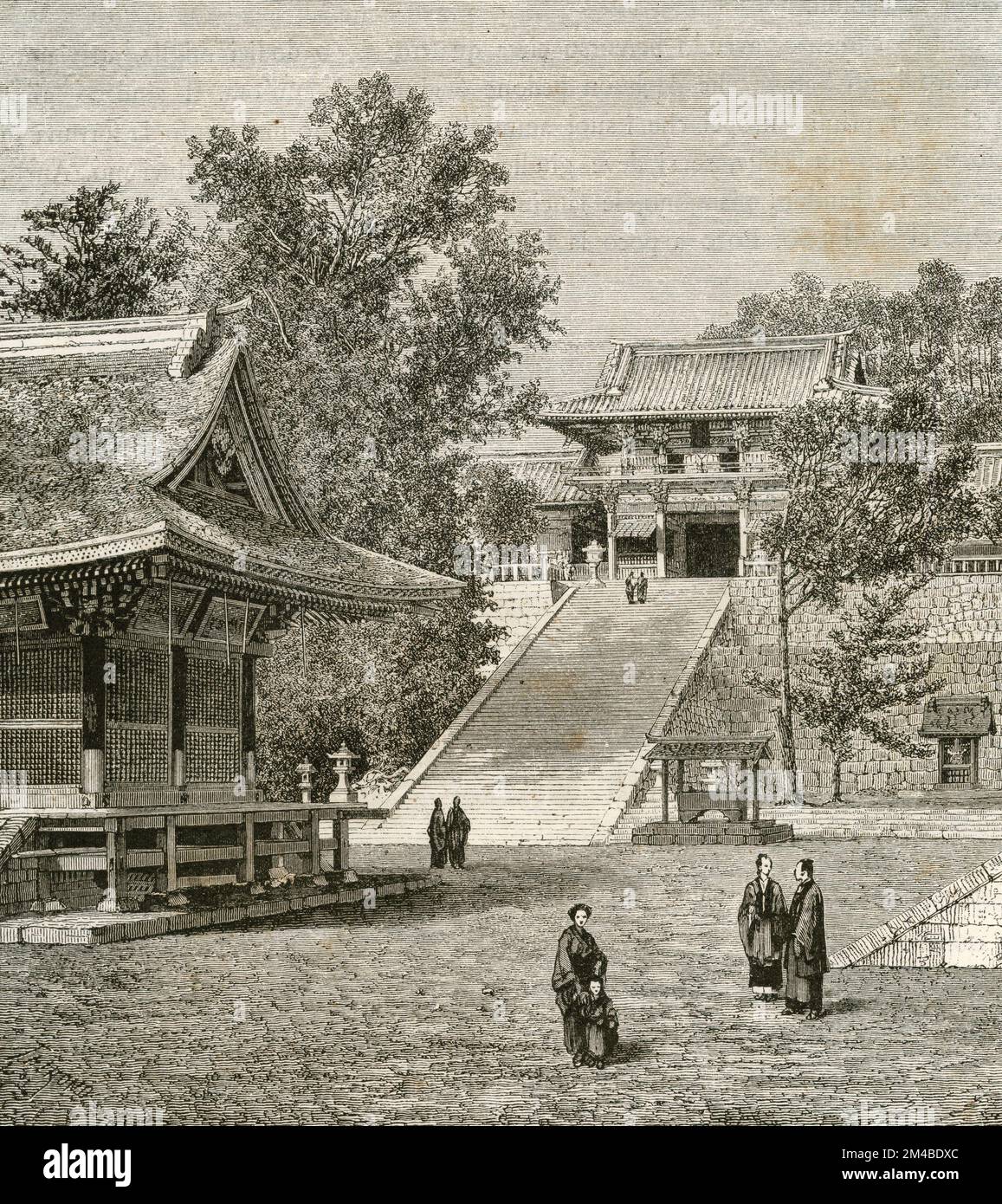 Hachiman Central Temple at Kamakura, Japan, illustration 1871 Stock ...