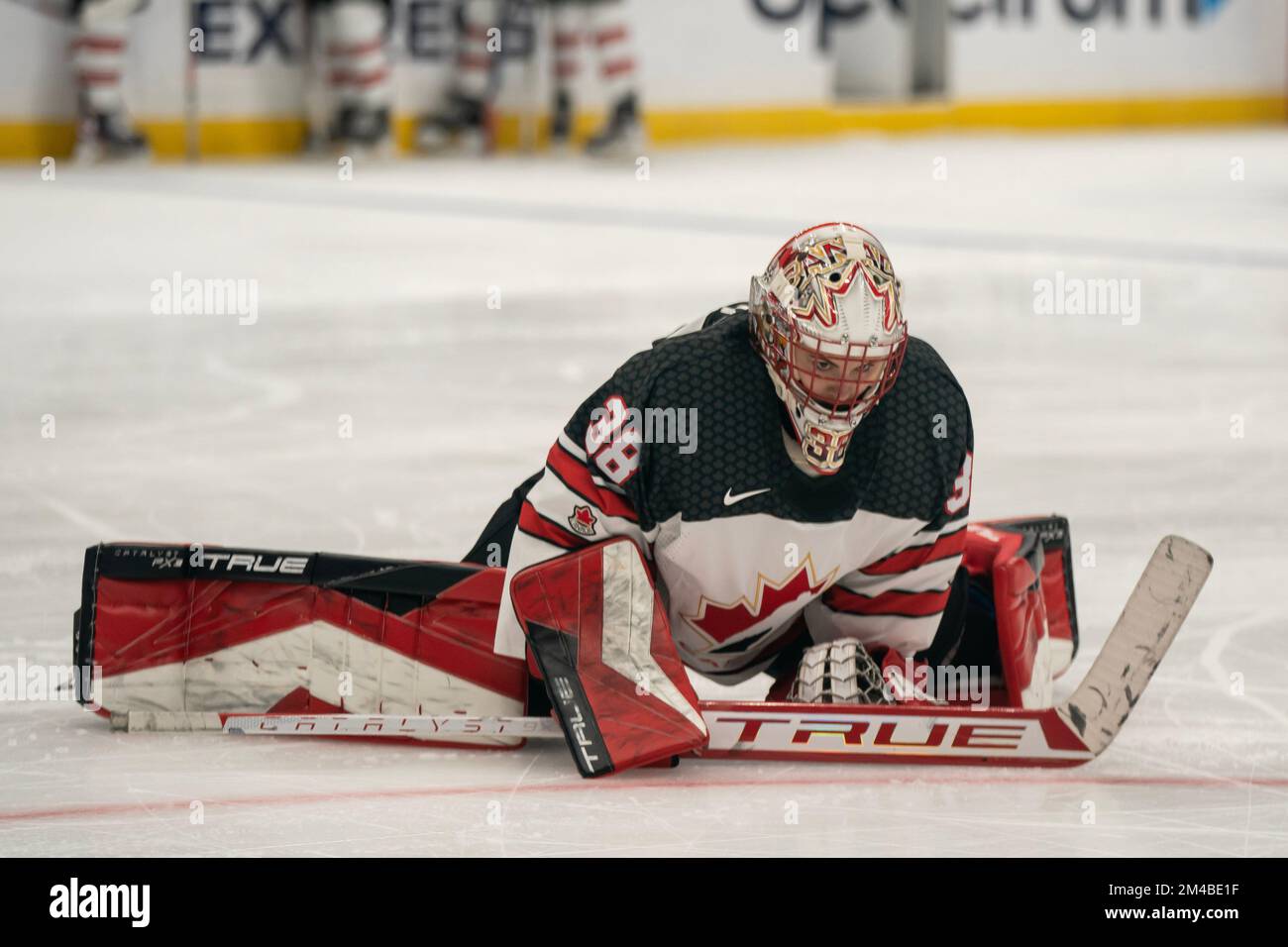 Team Canada goalkeeper Emerance Maschmeyer (38) stretches during the ...