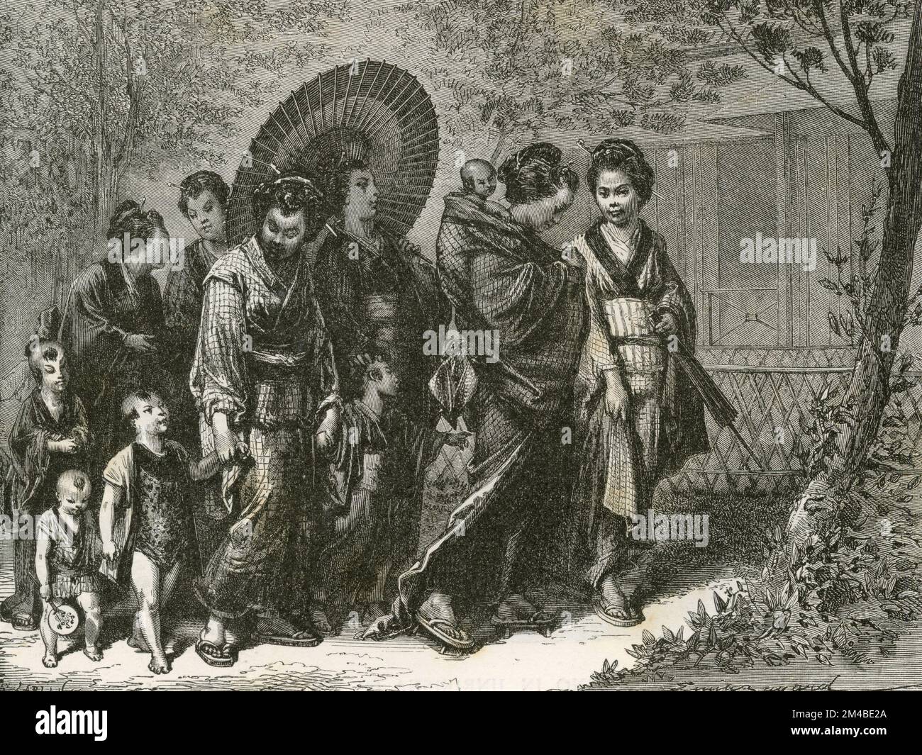 Women of the people going for a visit, Japan, illustration 1871 Stock ...