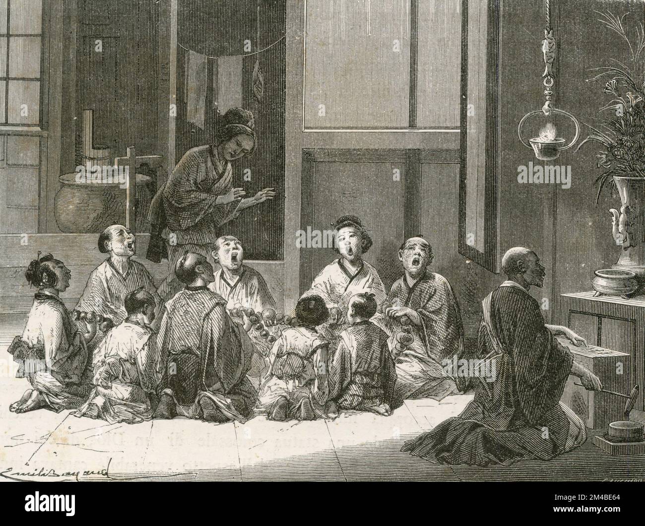 The large family saying the rosary, Japan, illustration 1871 Stock ...