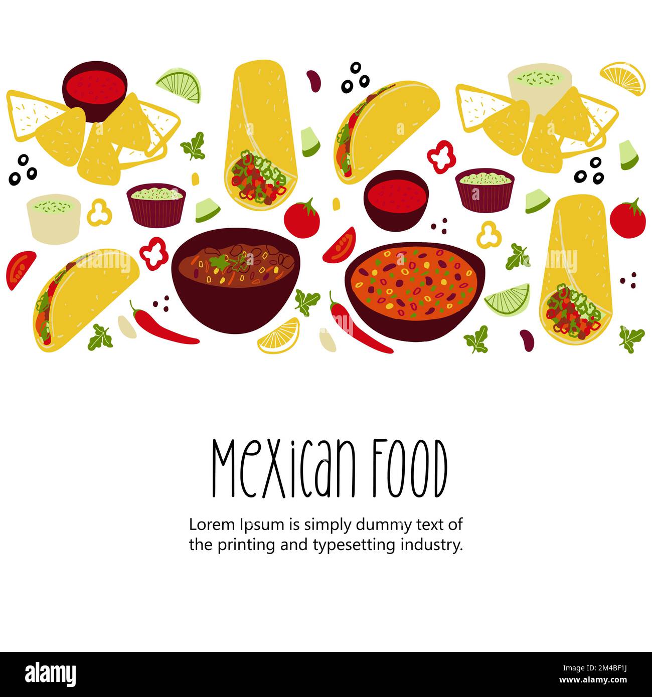 Mexican food illustration Tacos, Burrito, Chili Con Carne, Nachos ...
