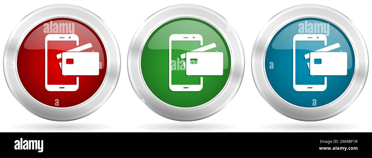 Online, mobile payment vector icon set. Red, blue and green silver ...