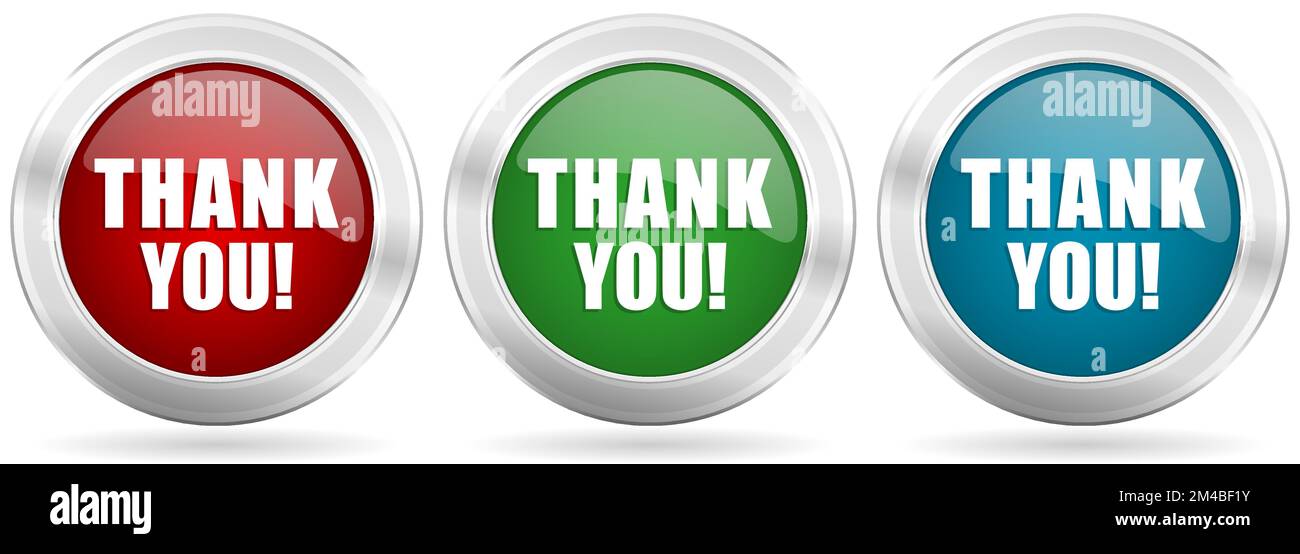 Thank you vector icon set. Red, blue and green silver metallic web ...