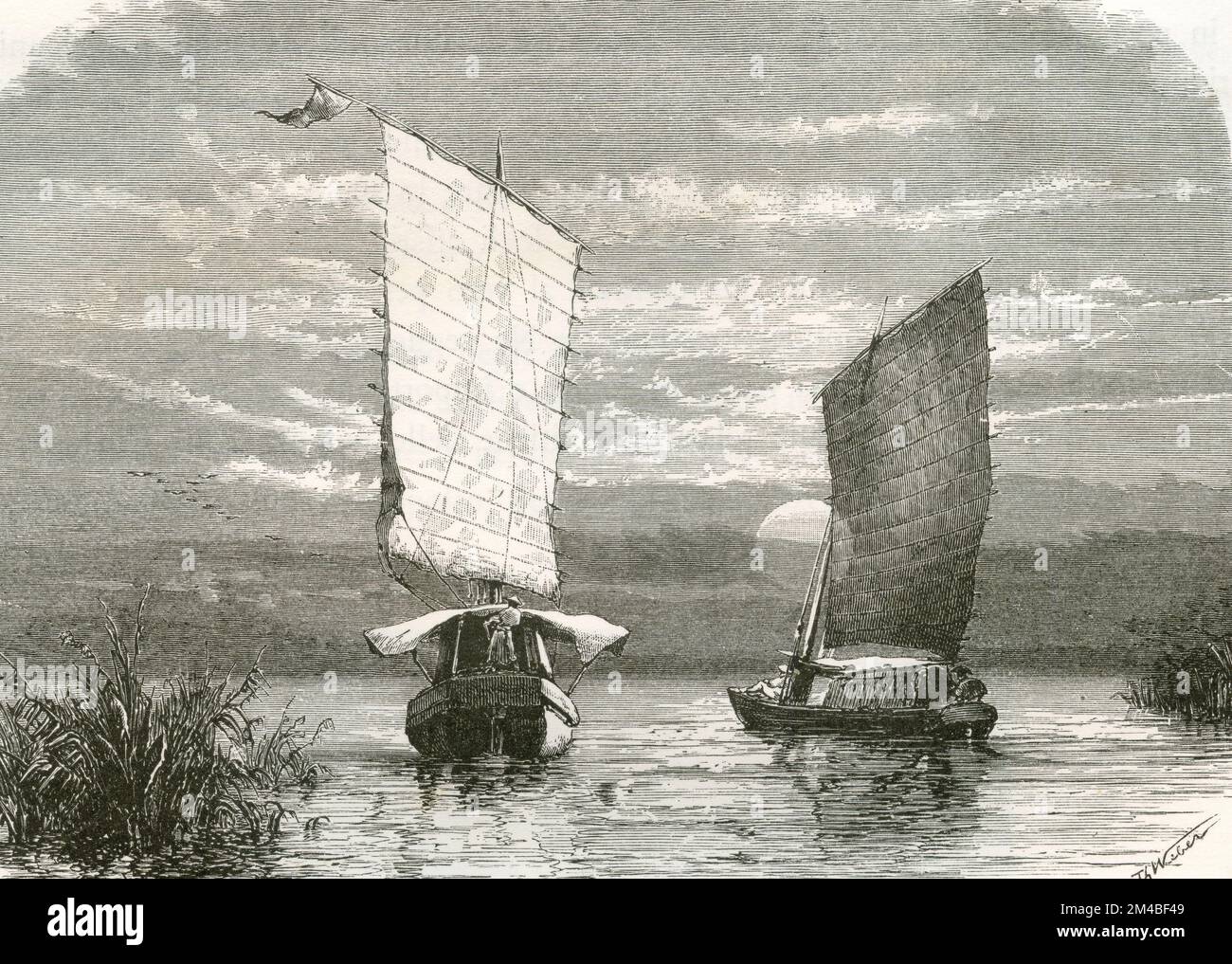 Chinese boats on the Hai river aka Pei Ho, China, illustration 1871 ...