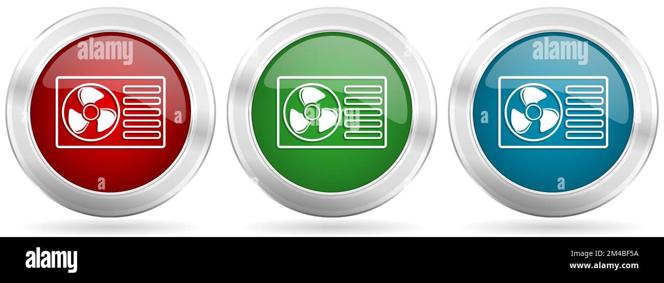 Heat pump vector icon set. Red, blue and green silver metallic web ...