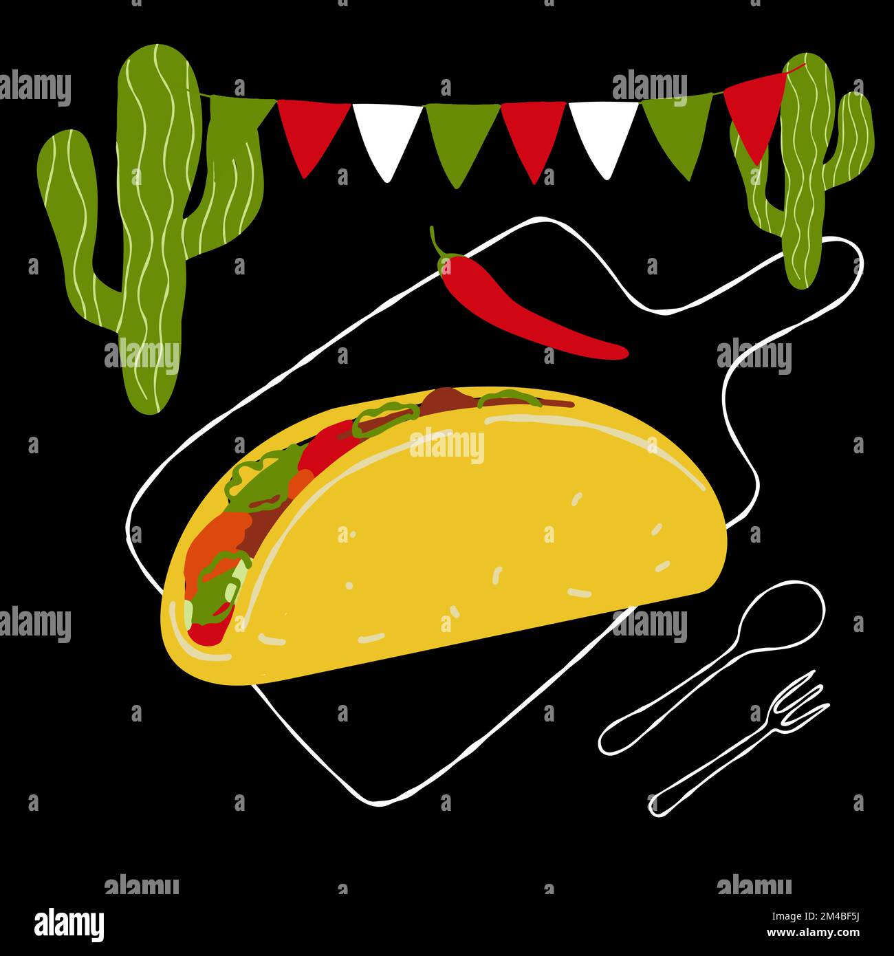 Mexican food illustration tacos on black background with cactus Stock ...
