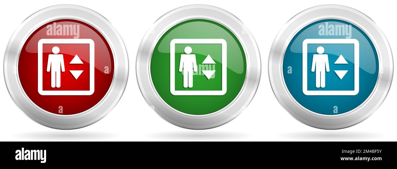 Elevator, lift vector icon set. Red, blue and green silver metallic web ...
