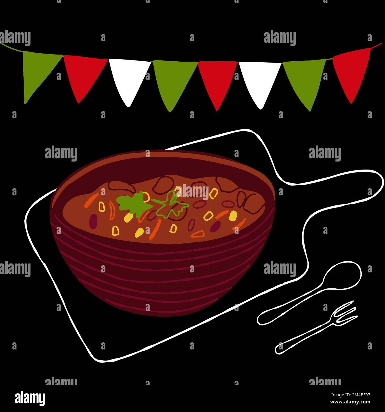 Mexican food illustration Chili Con Carne on black background Stock ...