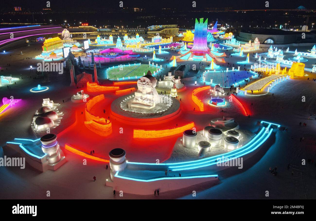 Aerial photo shows the Harbin Ice-Snow World on trial run in Harbin ...