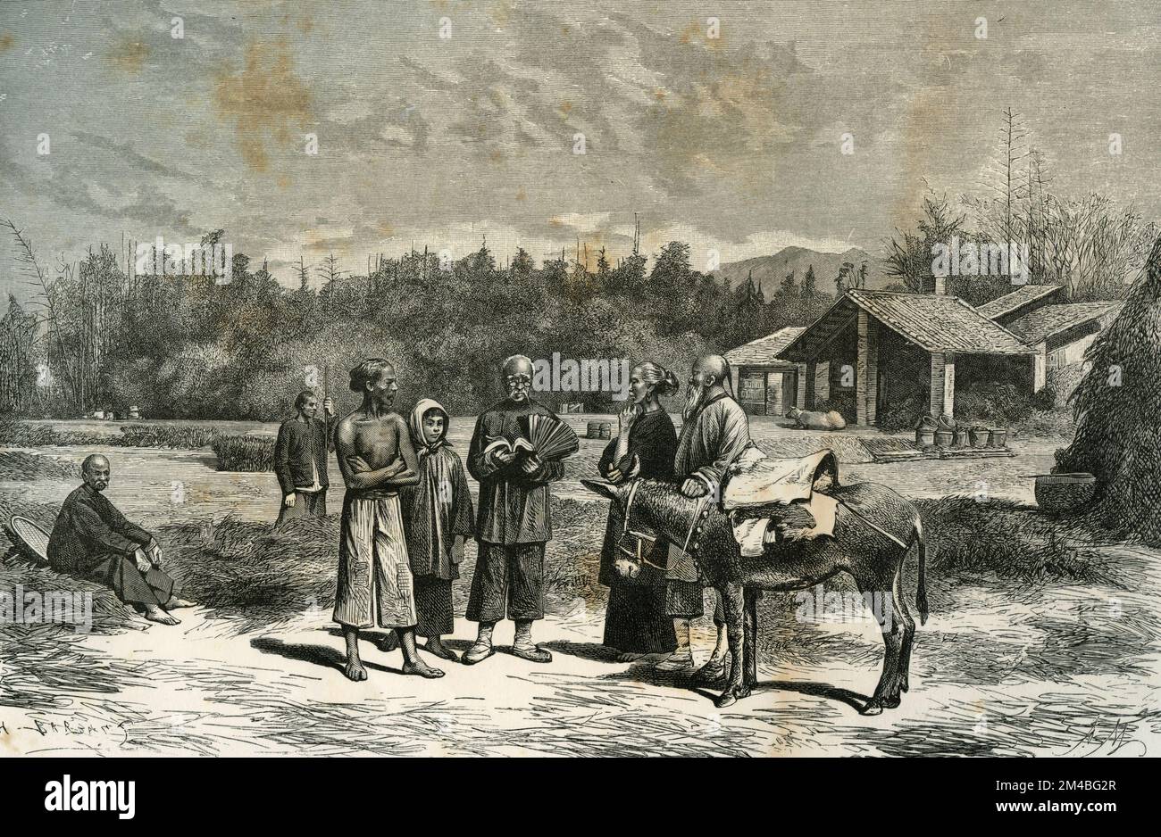 A farmhouse in the Canton province, China, illustration 1860s Stock ...