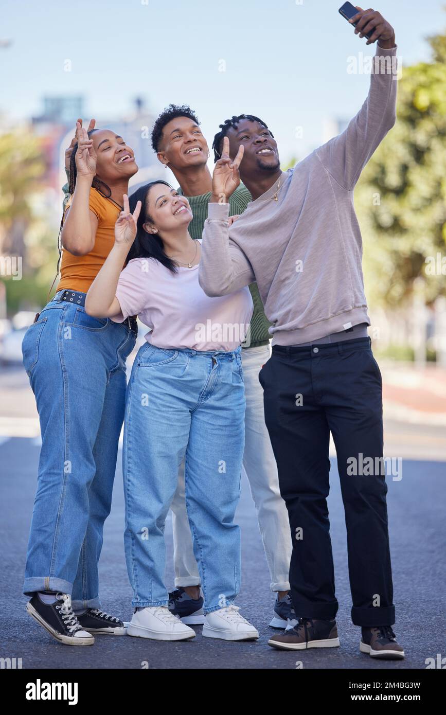 Friends, selfie with peace, urban and group photography in street ...
