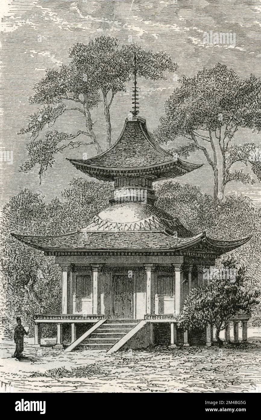 View of Ishiyama Temple in Shingon, Japan, illustration 1871 Stock ...