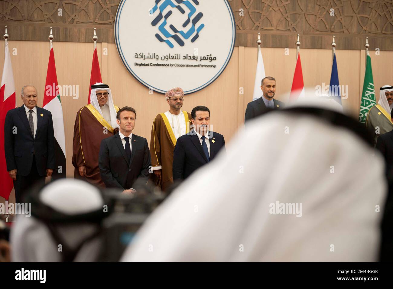 French President Emmanuel Macron arrives at the start of the "Baghdad ...