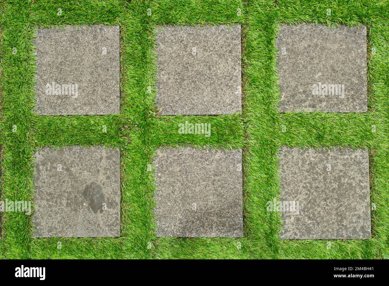 Flat lay shot of tile pavement close-up with artificial green grass ...