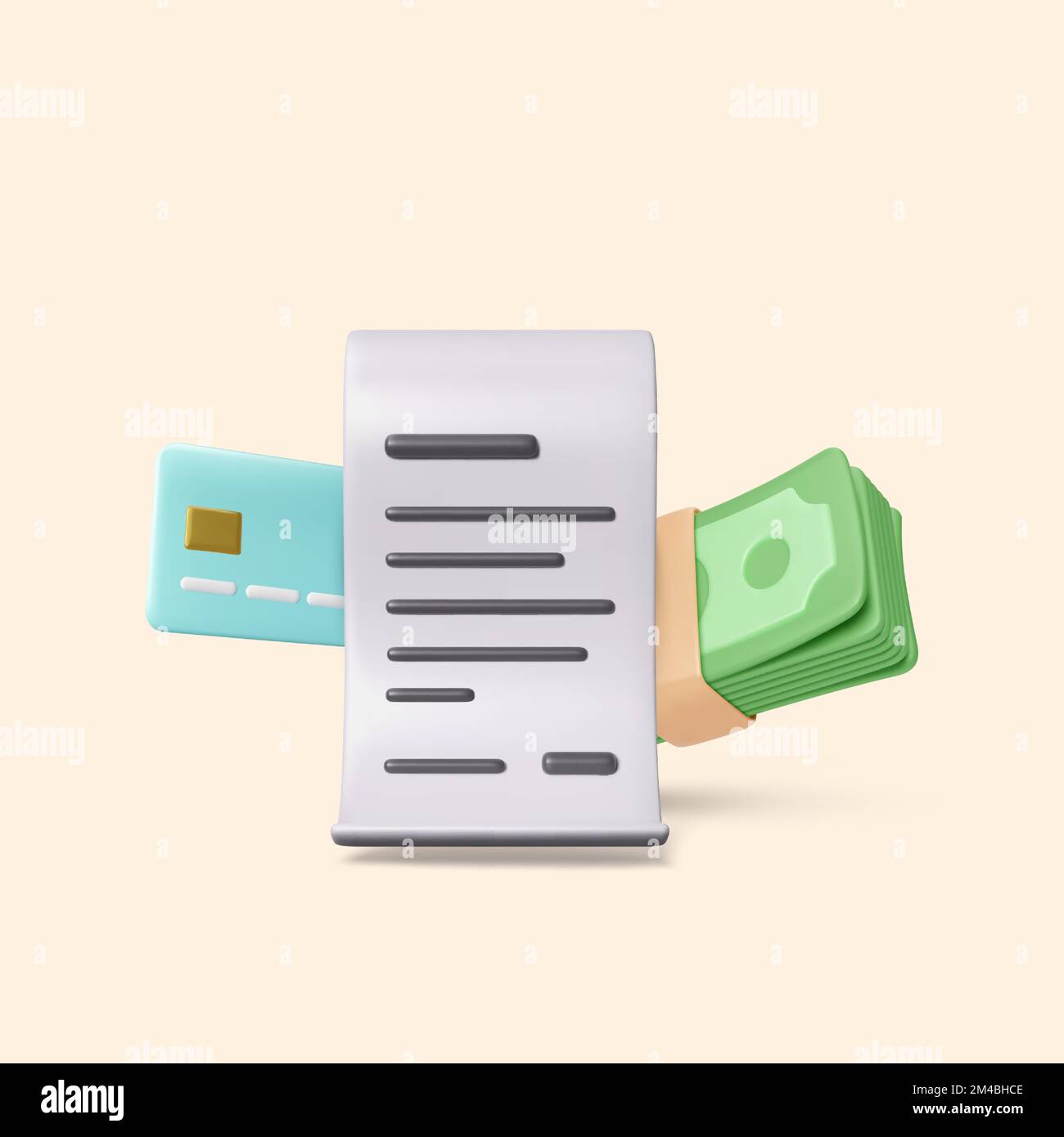 3D bill credit card and stack of paper green dollars. Render of ...