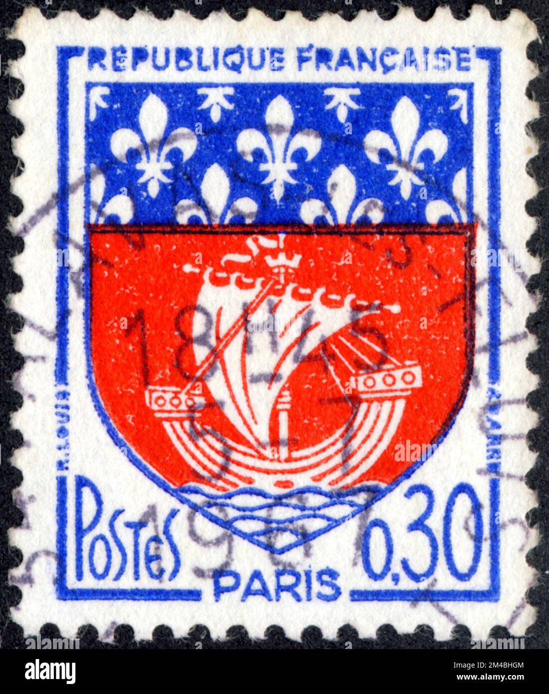 TIMBRE OBLITÉRÉ RÉPUBLIQUE FRANÇAISE. POSTES. PARIS. 0,30 Stock Photo ...