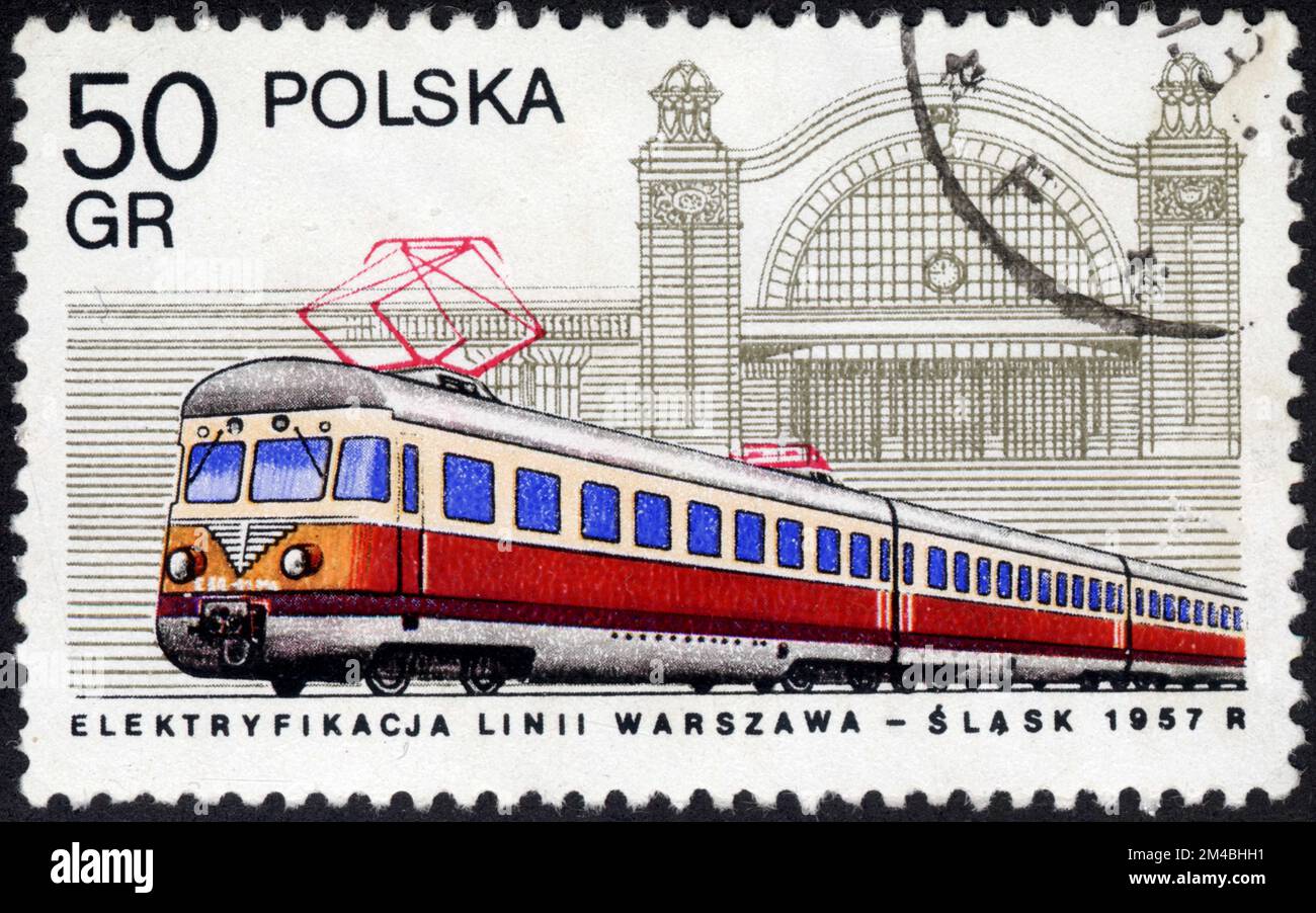 TIMBRE OBLITÉRÉ POLSKA. ELEKTRYFIKACJA LINII WARSZAWA - SLASK 1957 R. 50 GR Stock Photo - Alamy