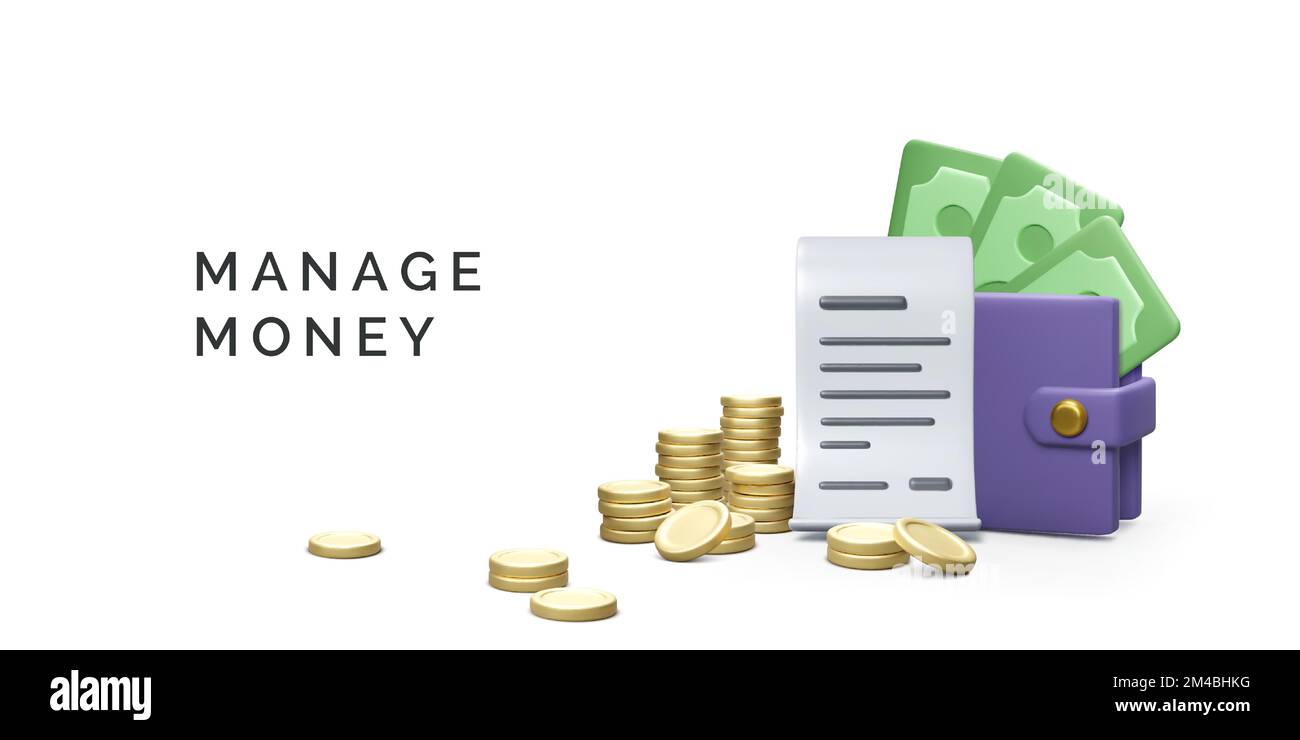 Cash receipt wallet with green dollar bills and gold coins stacks in ...