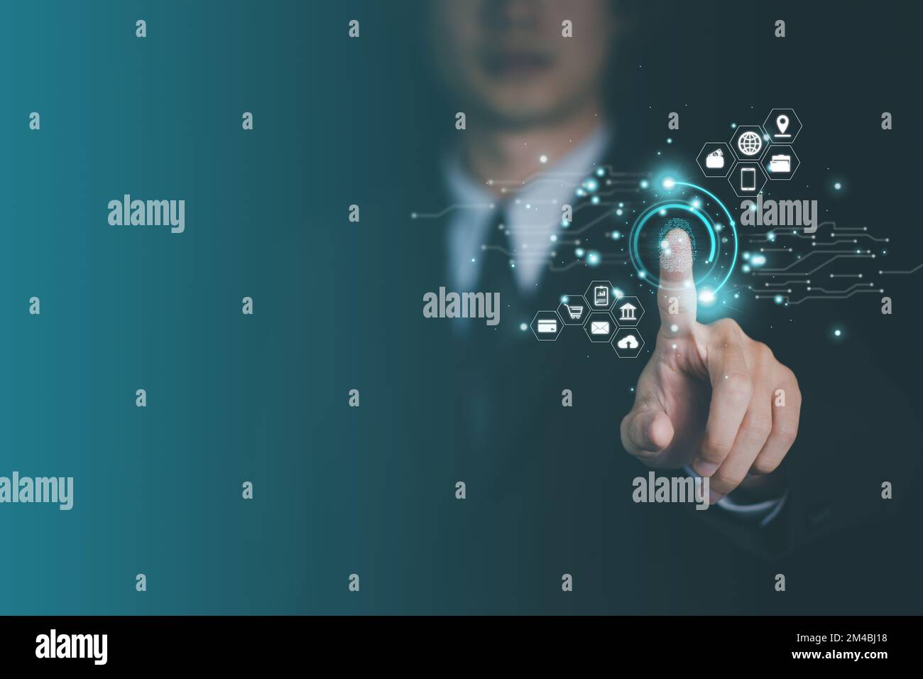 Businessman hand touch biometric identification fingerprint scanner ...