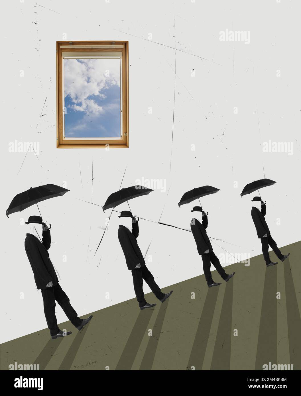 Invisible persons going with umbrellas. Modern design, contemporary art ...