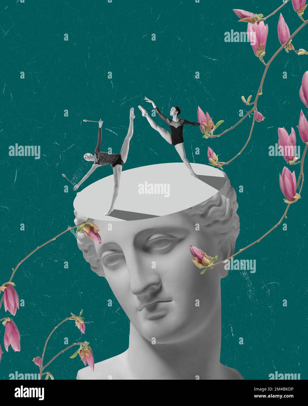 Ballet dancers on huge ancient statue head. Modern design, contemporary ...