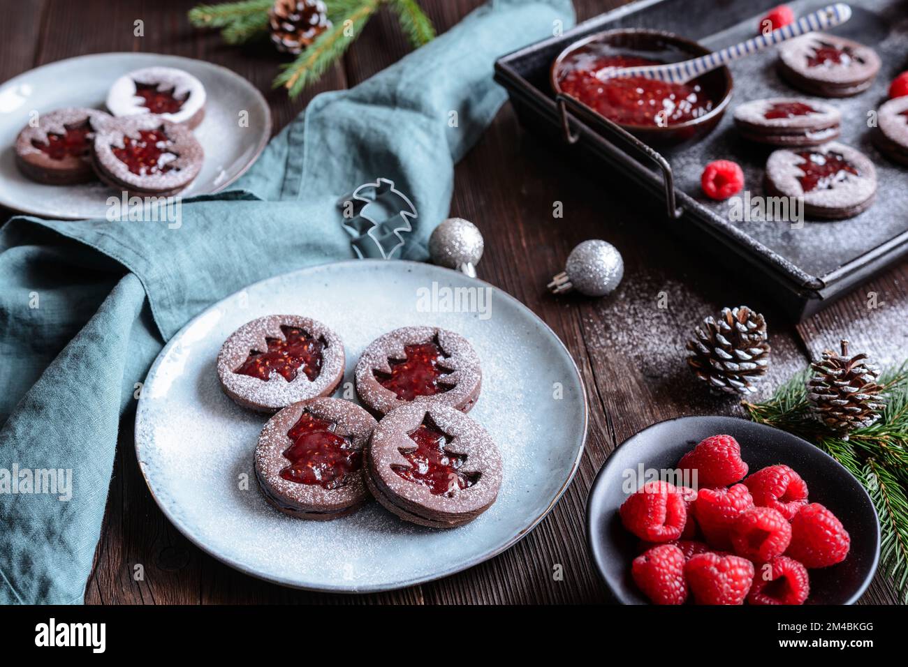 Delicious Christmas cocoa linzer cookies with raspberry jam Stock Photo ...