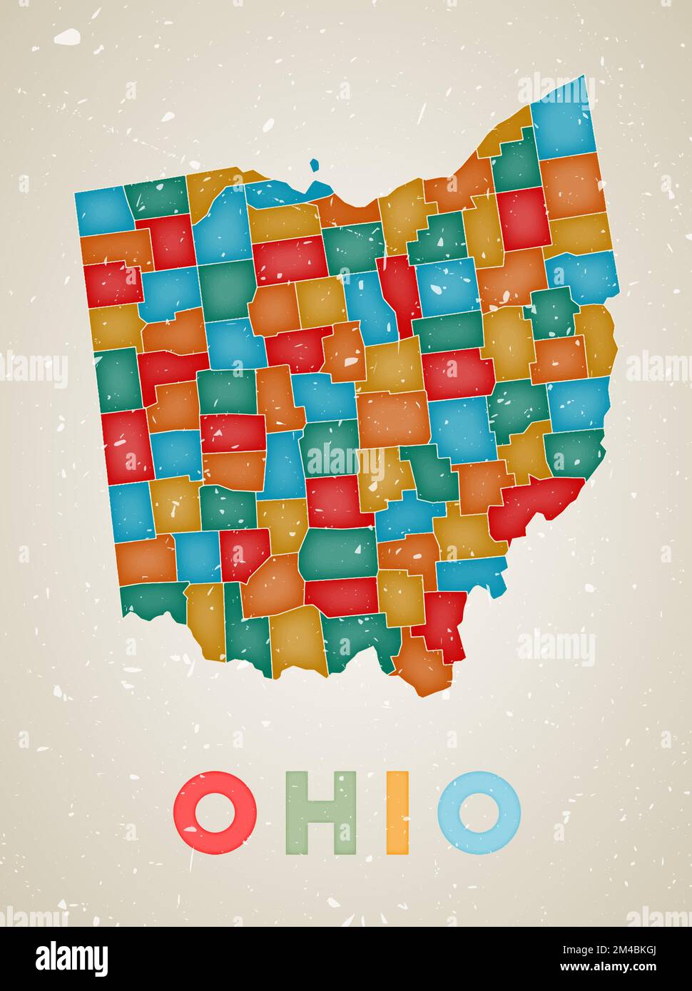 Ohio map. US state poster with colored regions. Old grunge texture ...
