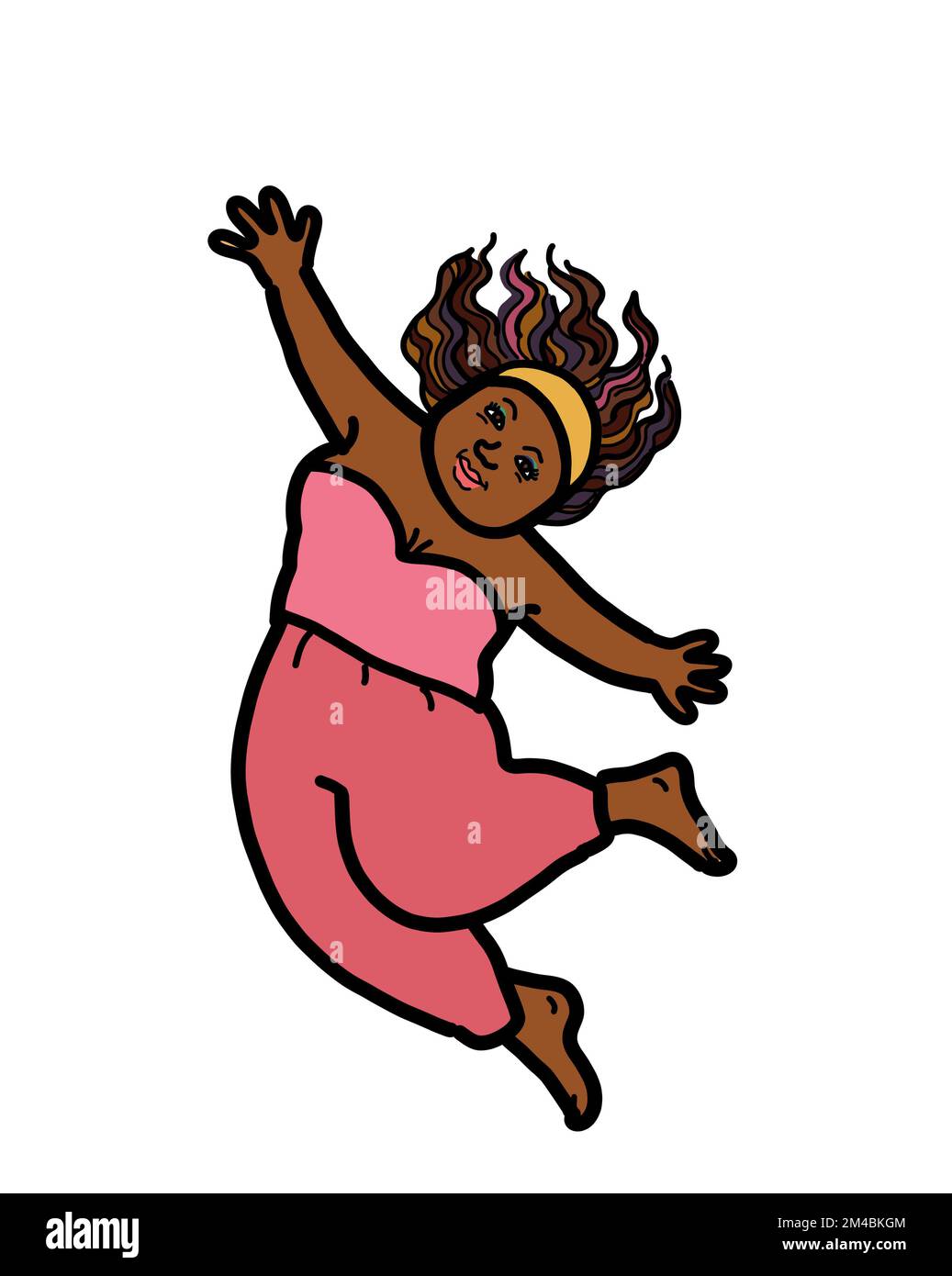 A young black African happy woman jumping arm raised. Illustration ...