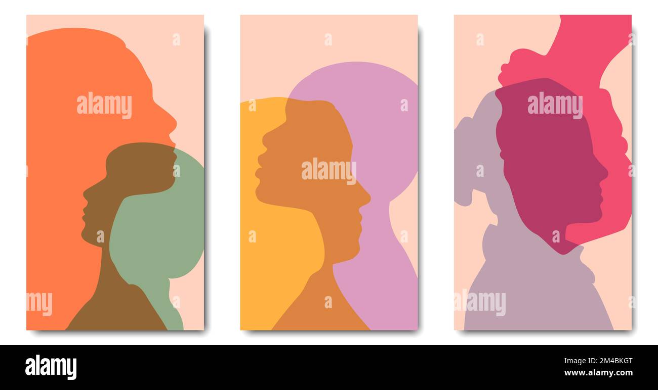 Social media covers set. Womens head silhouette. Abstract diversity ...