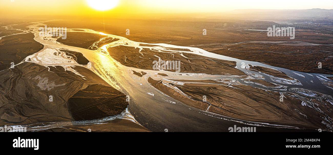 Aerial photo shows the riverbed landscape in Wanrong County, Yuncheng ...