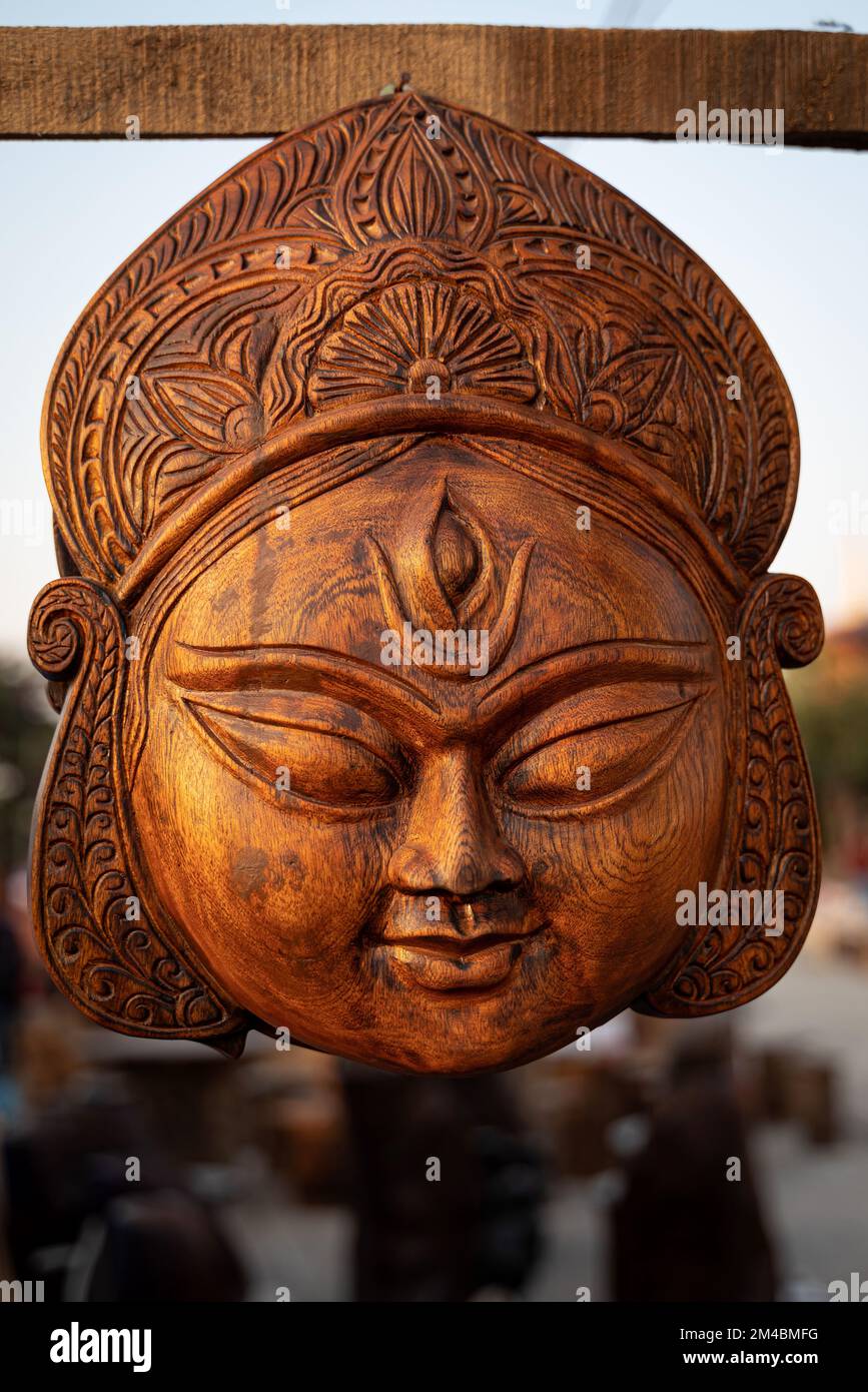 Beautiful handmade wooden sculpture of Goddess devi Durga is displayed ...
