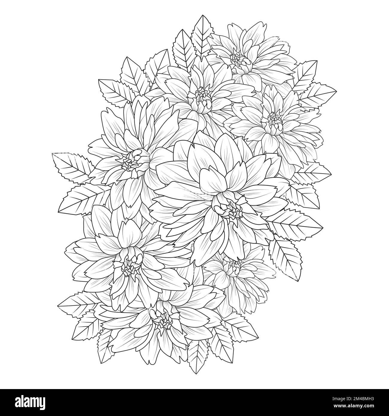 garden dahlia flower illustration with pencil stroke in doodle art ...