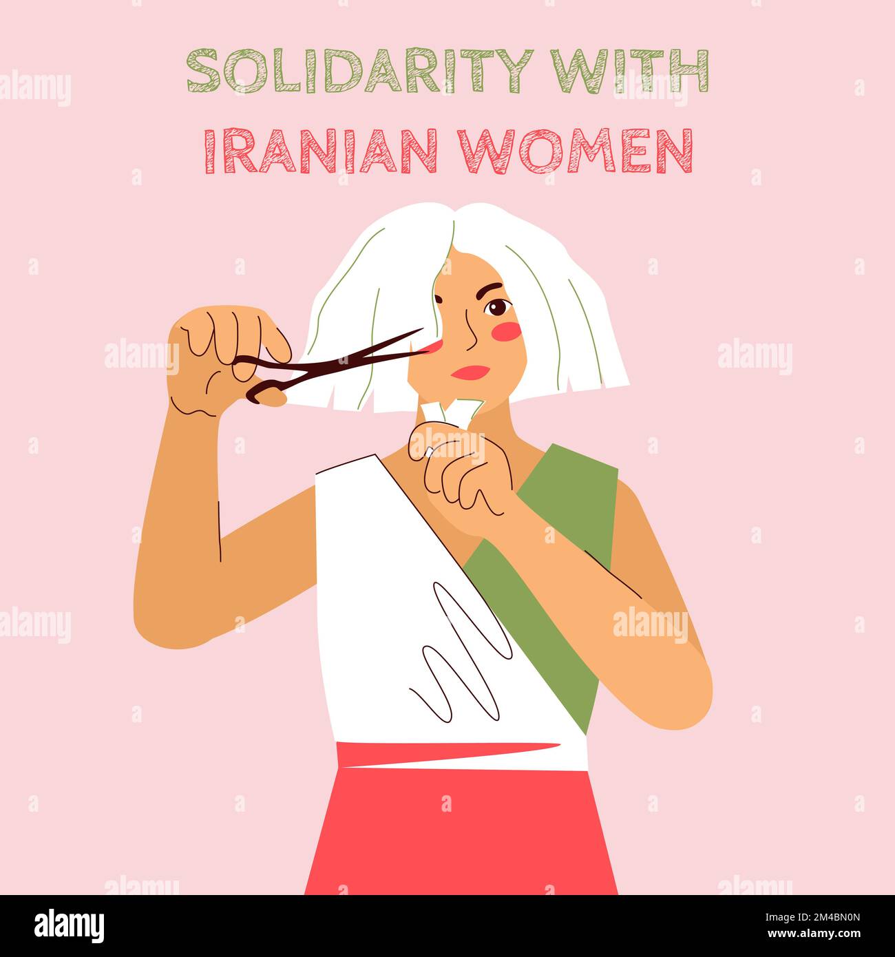 Woman dressed iranian flag colors, holds scissors and tuft of hair ...