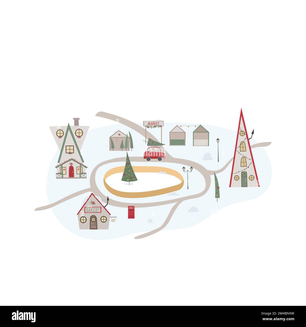 Cute Christmas city map with road, decoration, house, ice rink, trees ...