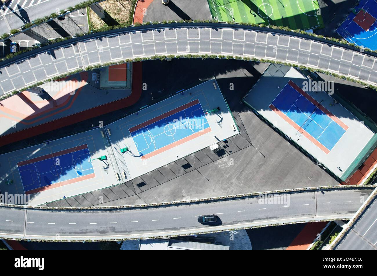 Aerial photo shows the embedded urban basketball park in Hangzhou City ...