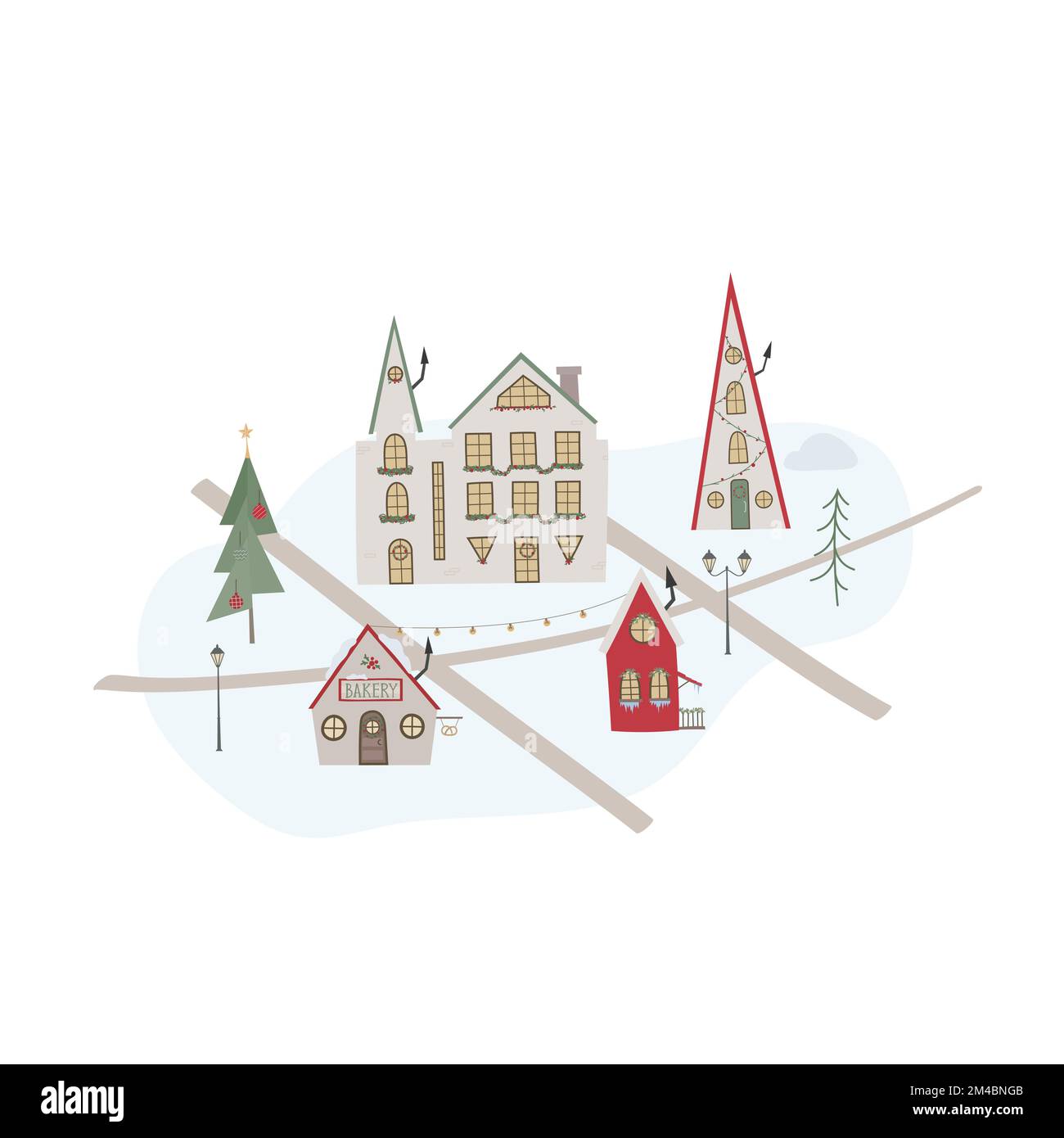 Cute Christmas street with road, decoration, houses, trees. Vector ...