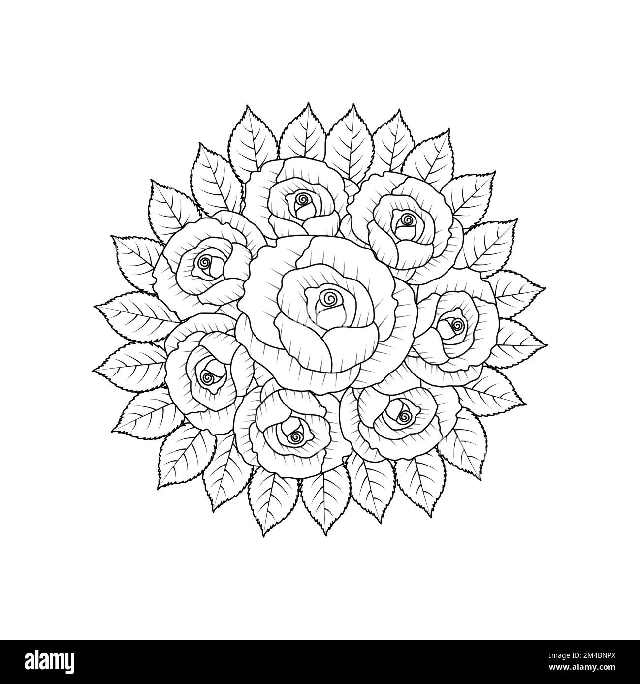 flower coloring page of rose illustration and rose line art with leaves ...