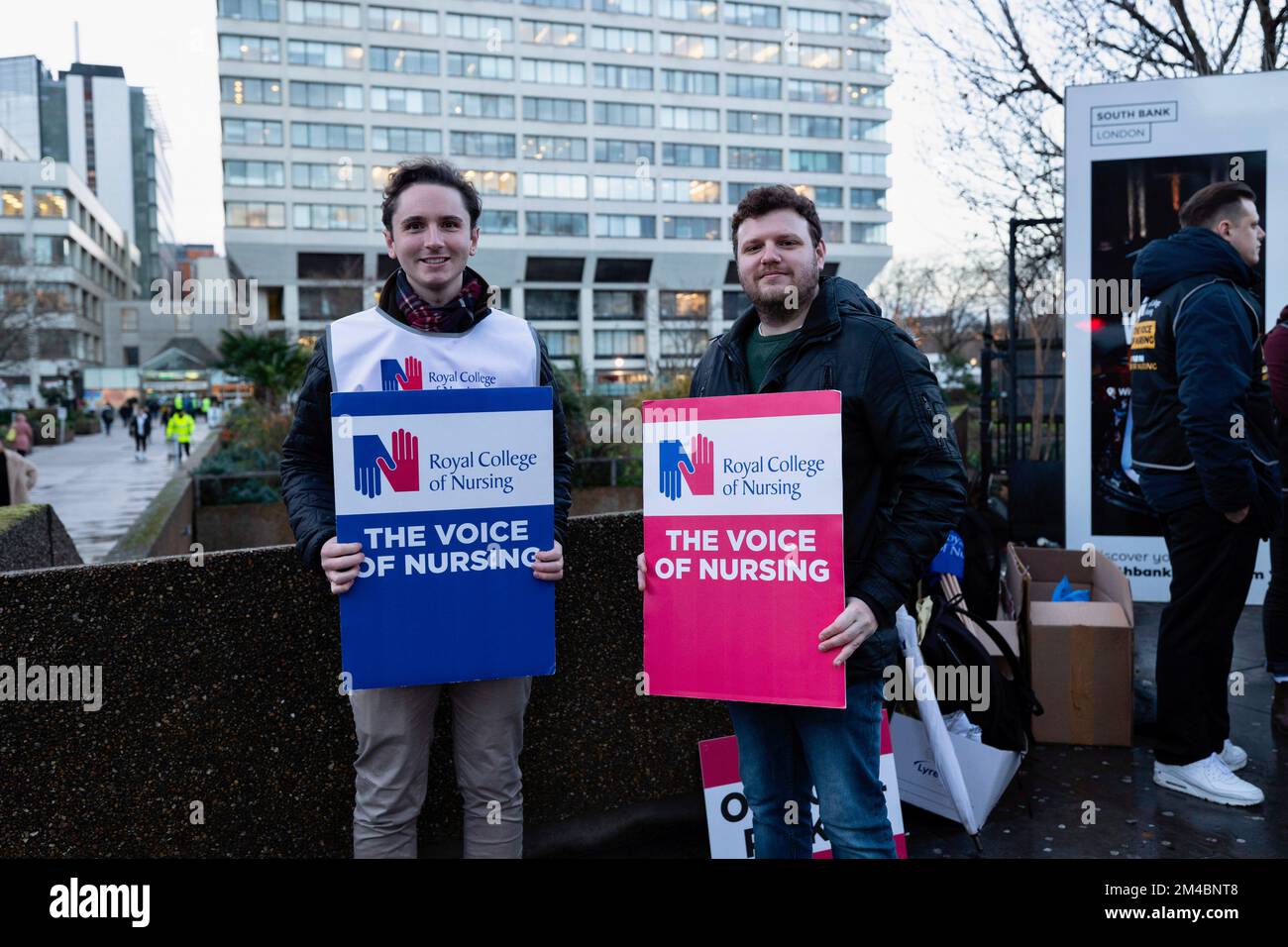 London, UK. 20th Dec, 2022. Nurses on strike are seen holding placards ...