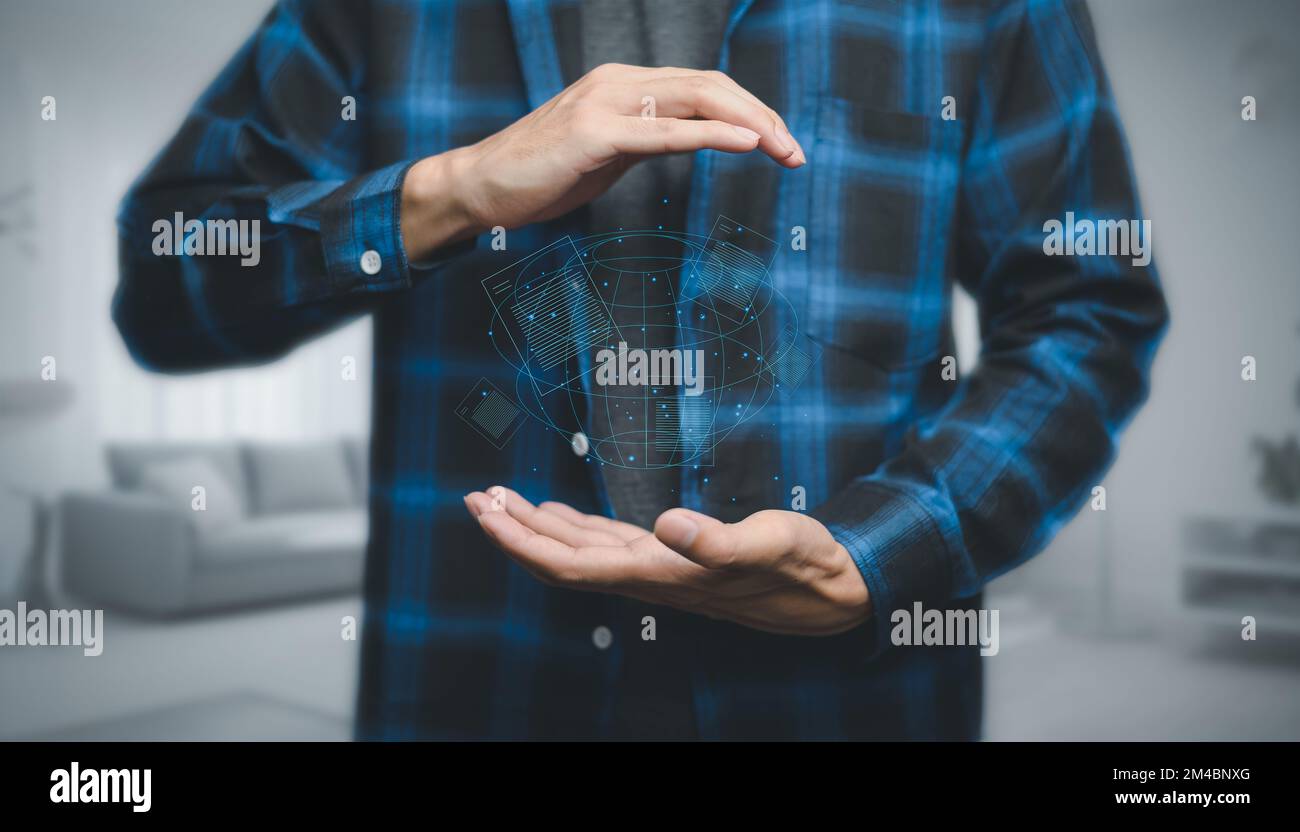 A man presenting 3D-rendered documents and network icons floating ...