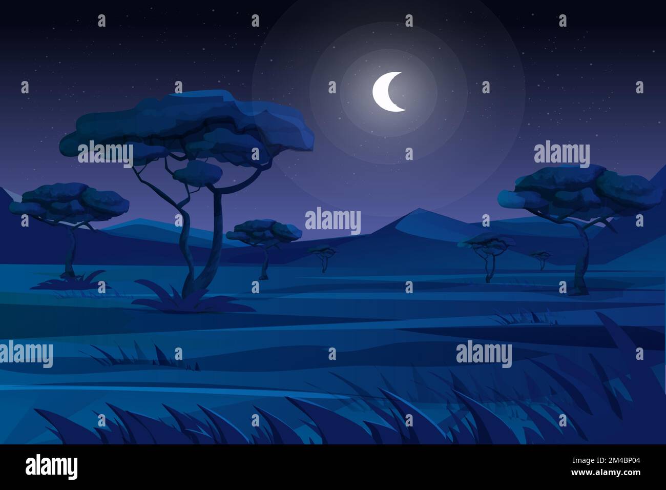 Savannah night scene with fields, mountains, trees and grass in ...