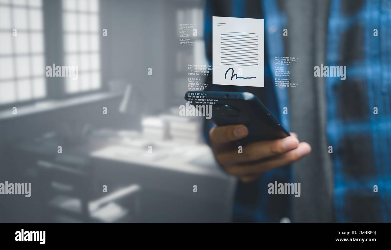A man holding a mobile phone, and a 3D-rendered signed document icon ...